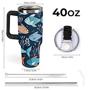 LPSADGF Fishes Pattern Insulated Stainless Steel Travel Mug, 40 Oz Tumbler with Handle And Straw Double-Wall Vacuum Coffee Cup, Leak-Proof Lid, Keeps Drinks Hot/Cold for Hours