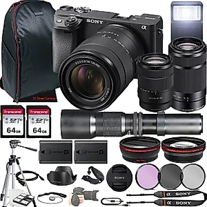 Sony a6400 Mirrorless Camera w/E 18-135mm f/3.5-5.6 OSS Lens + E 55-210mm f/4.5-6.3 OSS Lens + 500mm f/8 Focus Lens + 2X 64GB Memory + Case + Filters + Tripod & More (35pc Bundle)