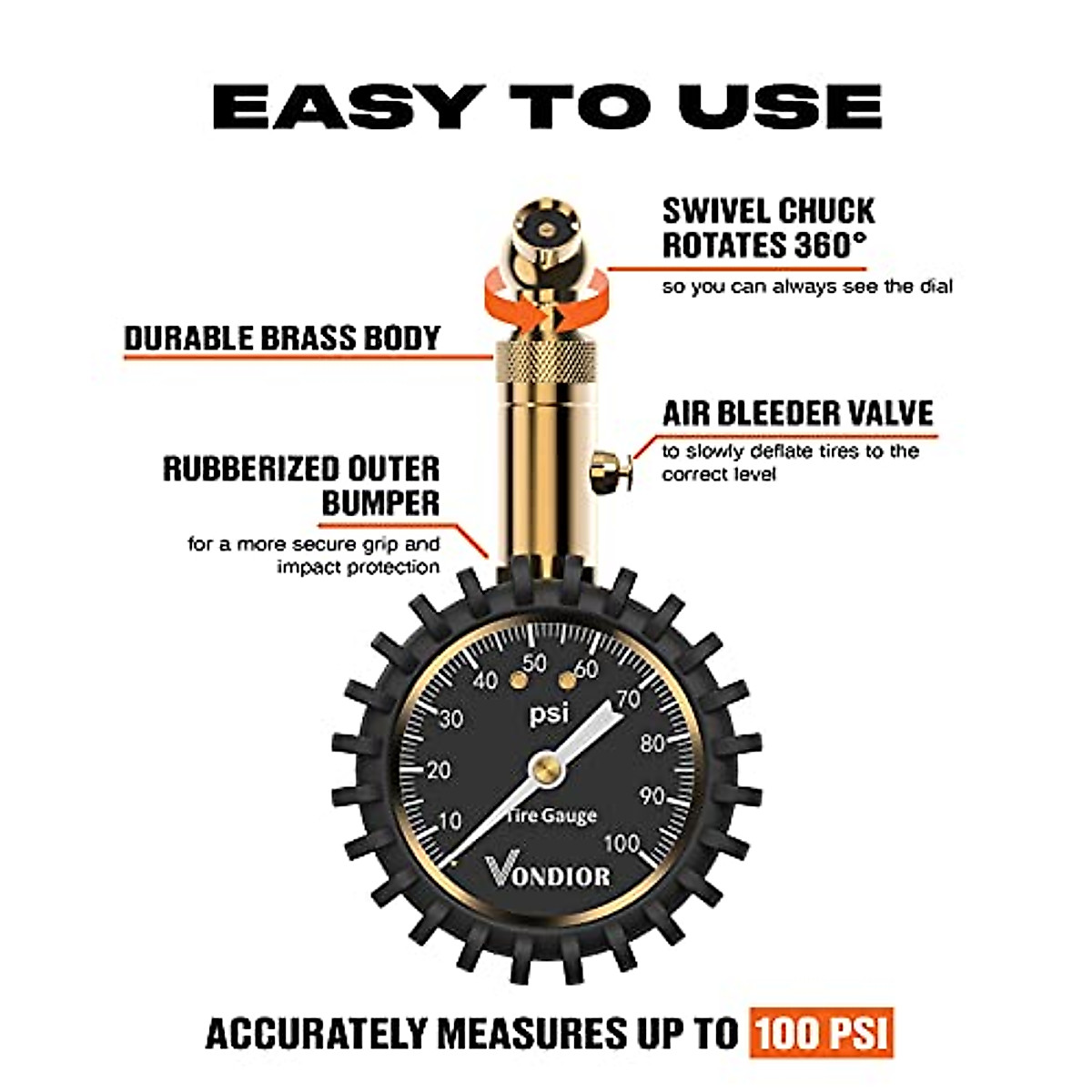 Vondior Tire Pressure Gauge (0-100 PSI) Heavy Duty, Certified ANSI Accurate with Large 2 Inch Easy to Read Glow Dial, Low - High Air Pressure Gauge. Tire Gauge for Car and Trucks Tires