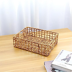 YRMT Water Hyacinth Storage Basket Wicker Baskets for Organizing Hollow Woven Basket with Built-in Handles for Shelves/Pantry 16" x 12" x 5.5" Natural
