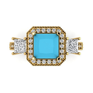 Clara Pucci 2.93 ct Cushion Cut Halo 3 stone Genuine Simulated Turquoise Engagement Promise Anniversary Bridal Ring 18K Yellow Gold 5.25