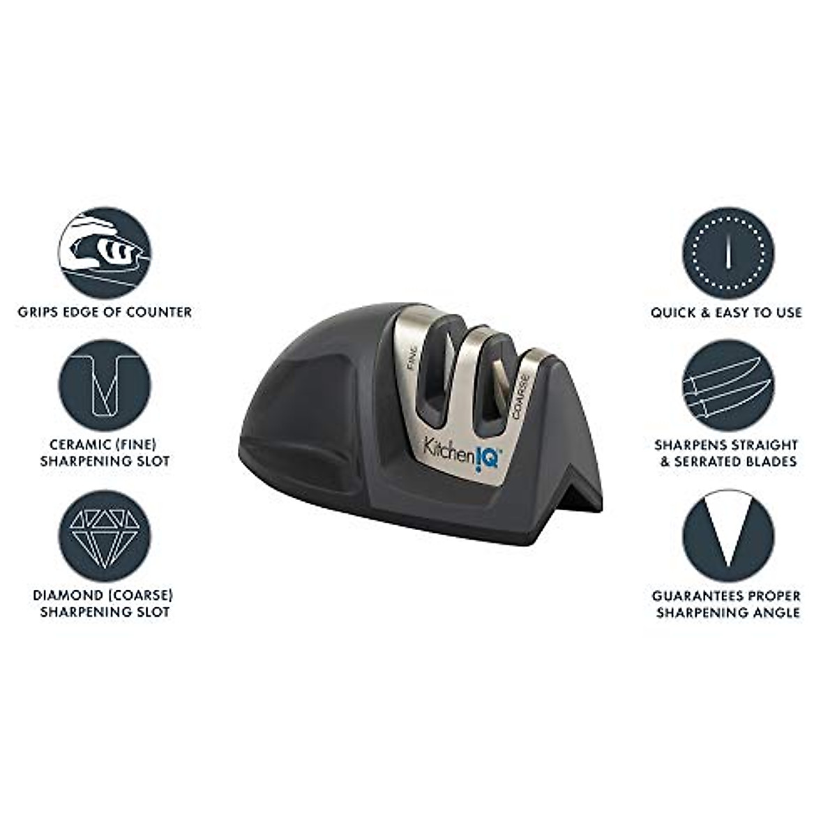 KitchenIQ 50825 | Diamond Deluxe Edge Grip 2-Stage Knife Sharpener | Black | Coarse & Fine Sharpeners | Compact for Easy Storage | Non-Slip Base | Soft Grip Rubber Handle | Straight & Serrated Knives