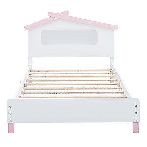 Harper & Bright Designs Twin Bed Frames with House-Shaped Headboard, Wooden Kids Twin Platform Bed Frame with Motion Activated Night Lights, Cute Single Twin Bed for Girls Boys, White+Pink