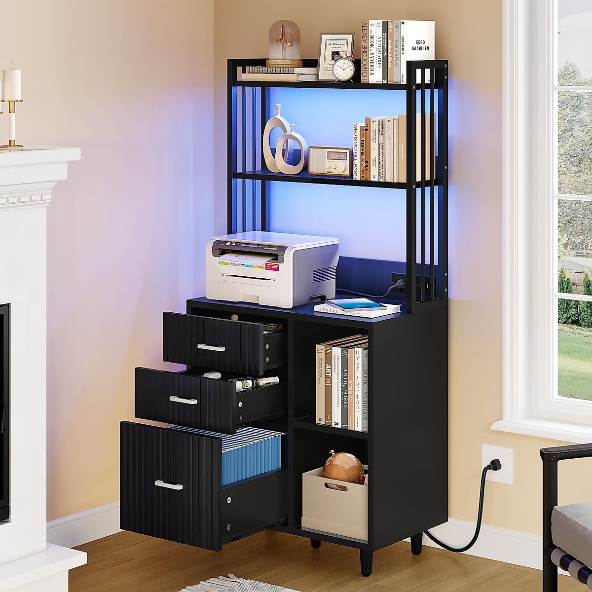 YITAHOME 3 Tier Bookcase, Bookshelf with Lighting, File Cabinet with Charging Station, 3 Drawer Wood Filing Cabinet, Printer Stand with Open Storage Shelves for Home Office, Black