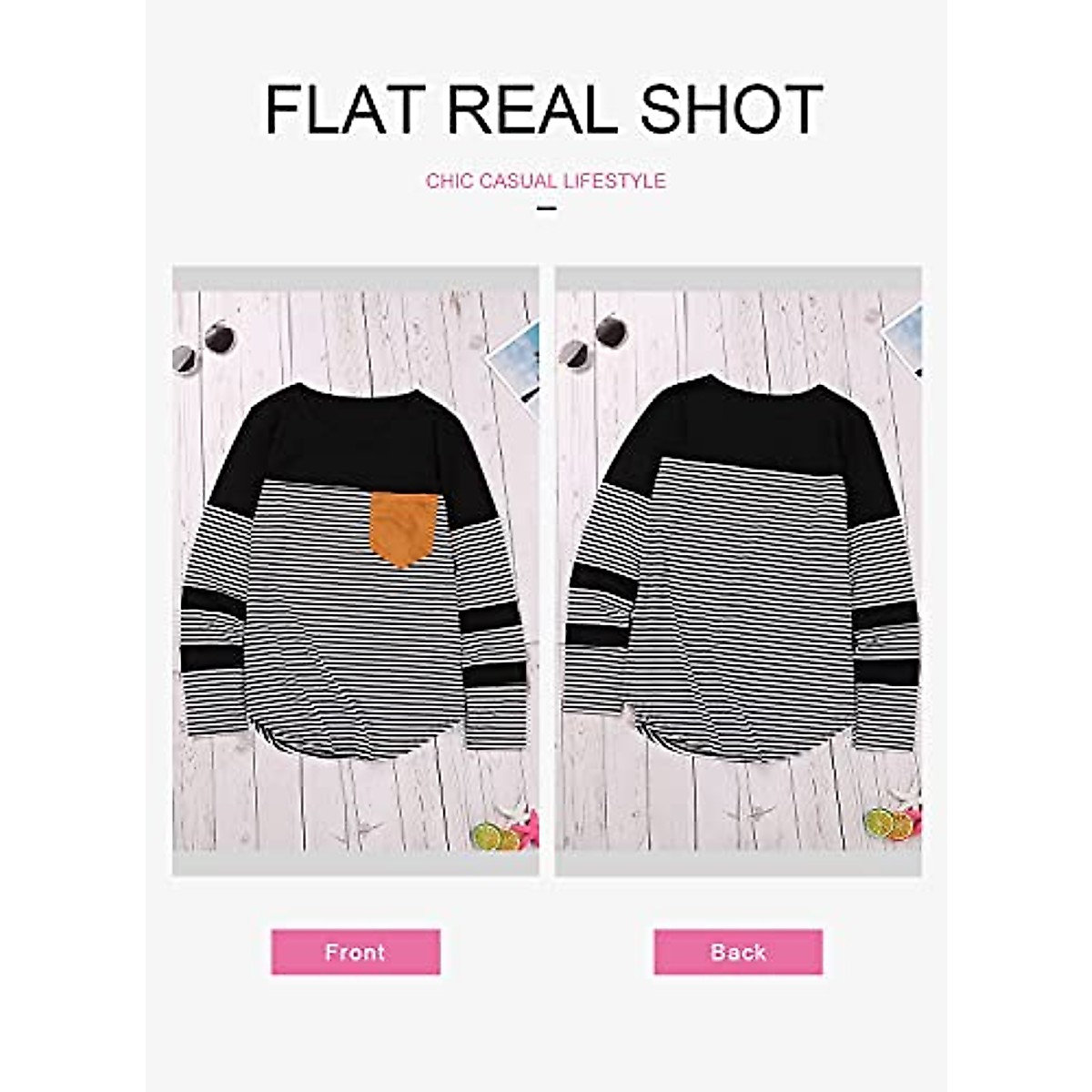 Diukia Women's Pinstripe Patch Pocket Long Sleeve Tops Stripe Color Block Lightweight Pullover Shirt for Girls Teens Junior Ladies Black L