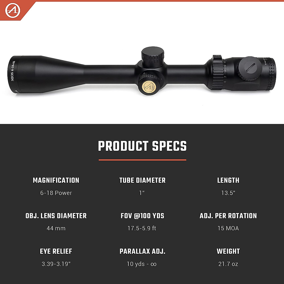 Athlon Optics , Neos , Riflescope , 6-18 x 44 Second Focal Plane (SFP) 1" Tube, Illuminated BDC 500 Reticle , Black