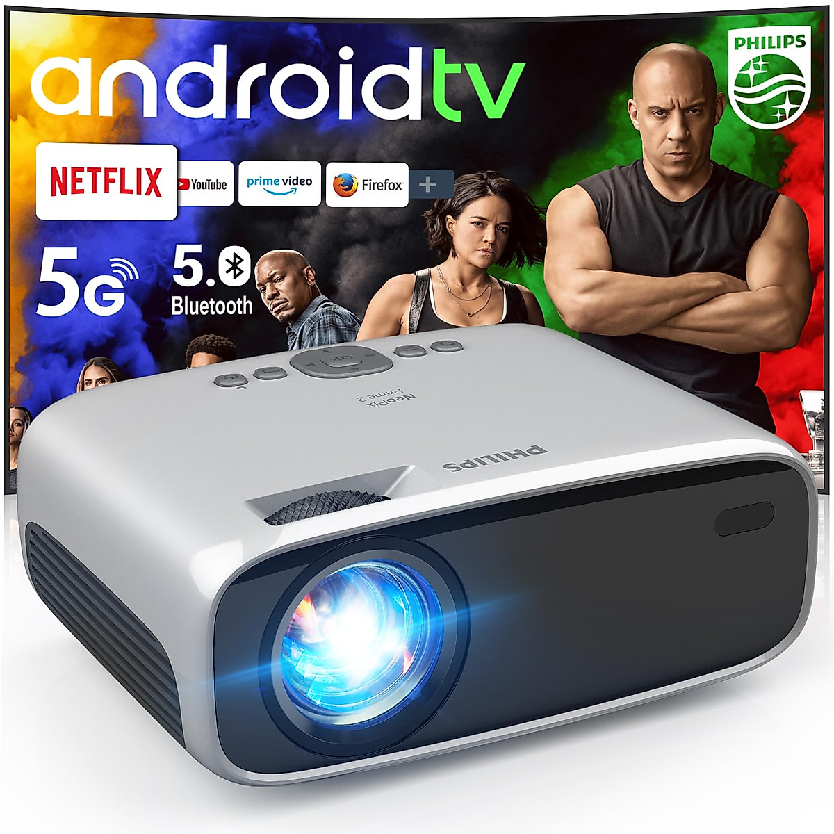 PHILIPS Android TV Projector with Apps and 5G WiFi Bluetooth - Smart Projector Built-in Netflix, YouTube, Outdoor Movie Projector 4D 4P Keystone, Zoom, Compatible w/ iOS/Android/Xbox/PS4/TV Stick/HDMI