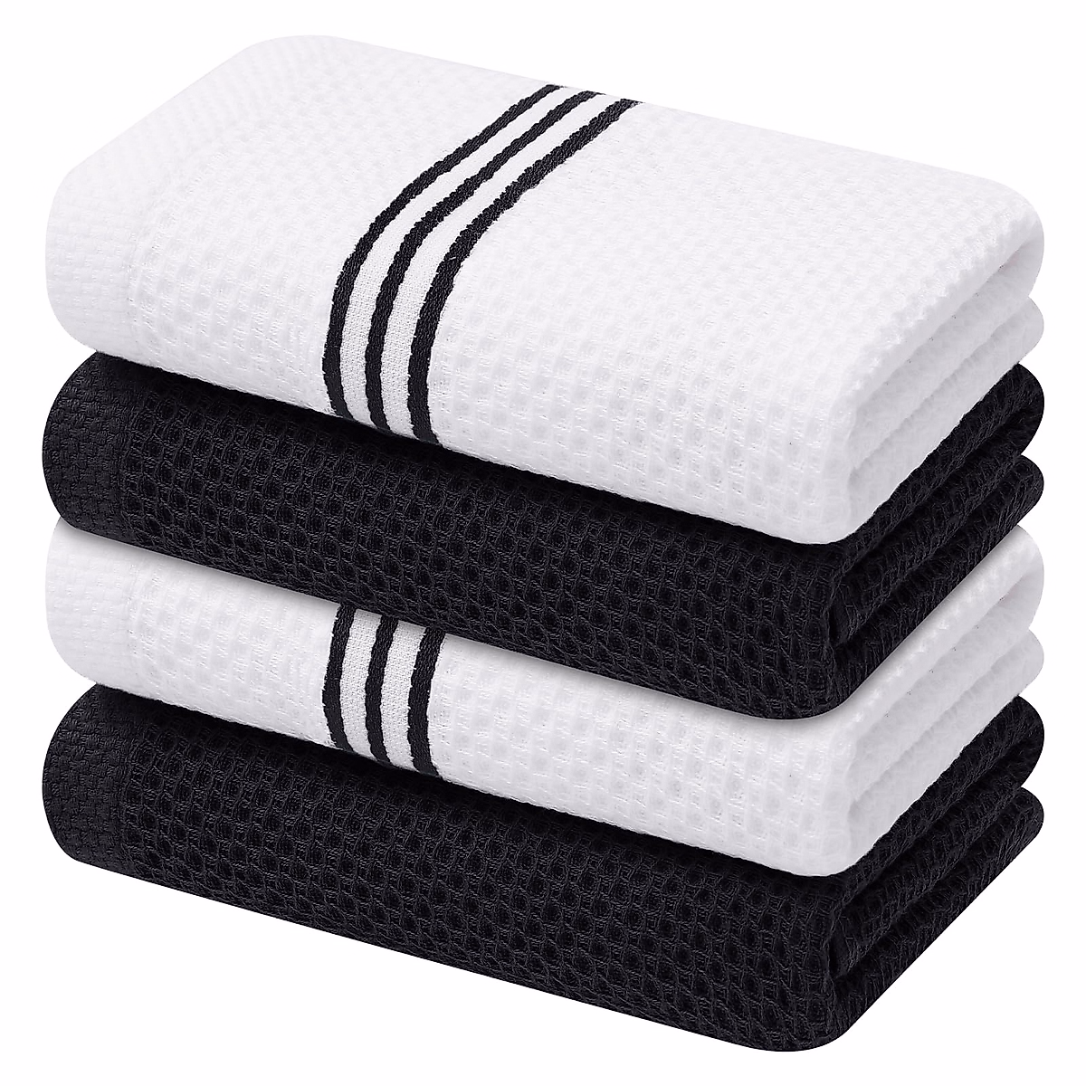 Homaxy Kitchen Towels, 13 x 28 Inches, Trendy Stripes Design, Premium Cotton Waffle Weave Super Soft and Absorbent Dish Towels Quick Drying Hand Towels for Kitchen, 4 Pack, White & Black