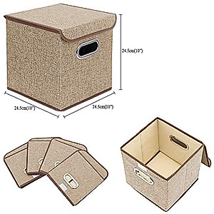 BeigeSwan Storage Bin [Set of 4] Linen Fabric Foldable Container with Lid, Collapsible Organizer Boxes Cubes – 10 x 10 x 10 Inches (Beige)
