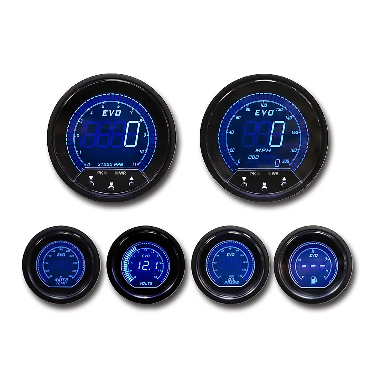 MOTOR METER RACING EVO Series Digital 6 Gauge Set - Blue & Red Switchable LED - 3-3/8" 85mm GPS Speedometer & Tachometer - 2-1/16" 52mm Voltage, Fuel Level, Water Temperature & Oil Pressure