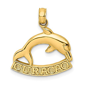 Solid 14k Yellow Gold 2-D CURACAO Under Dolphin Charm Souvenir Pendant - 20mm x 18mm