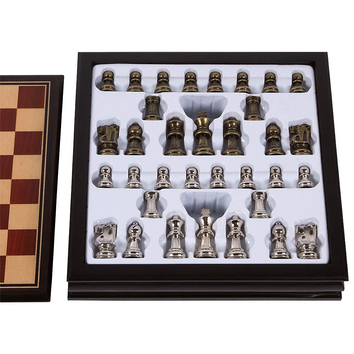 Bancroft Chess Inlaid Wood Board Game with Metal Pieces, 2.5 Inch King, and Extra Queens (Medium 12 x 12 Inch Set)