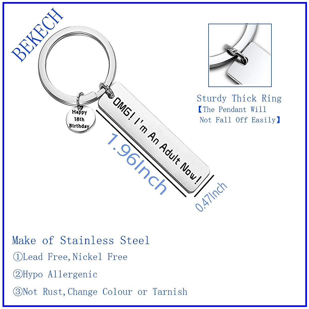 BEKECH Funny Adult Birthday Gifts Birthday Keychain OMG I'm An Adult Now Jewelry Gifts for Adult Brithday (silver)