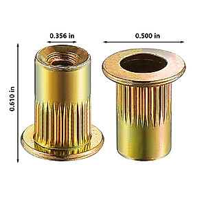 Wensilon 200Pcs Rivet Nut 1/4-20UNC Yellow Zinc Plated Finish Flat Head Rivnut Threaded Insert Nut Knurled Body