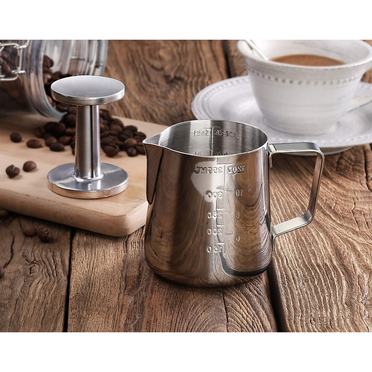 New Star Foodservice 28829 Commercial Grade Stainless Steel 18/8 12 oz Frothing Pitcher and Die Cast Aluminum Tamper Combo Set, Silver