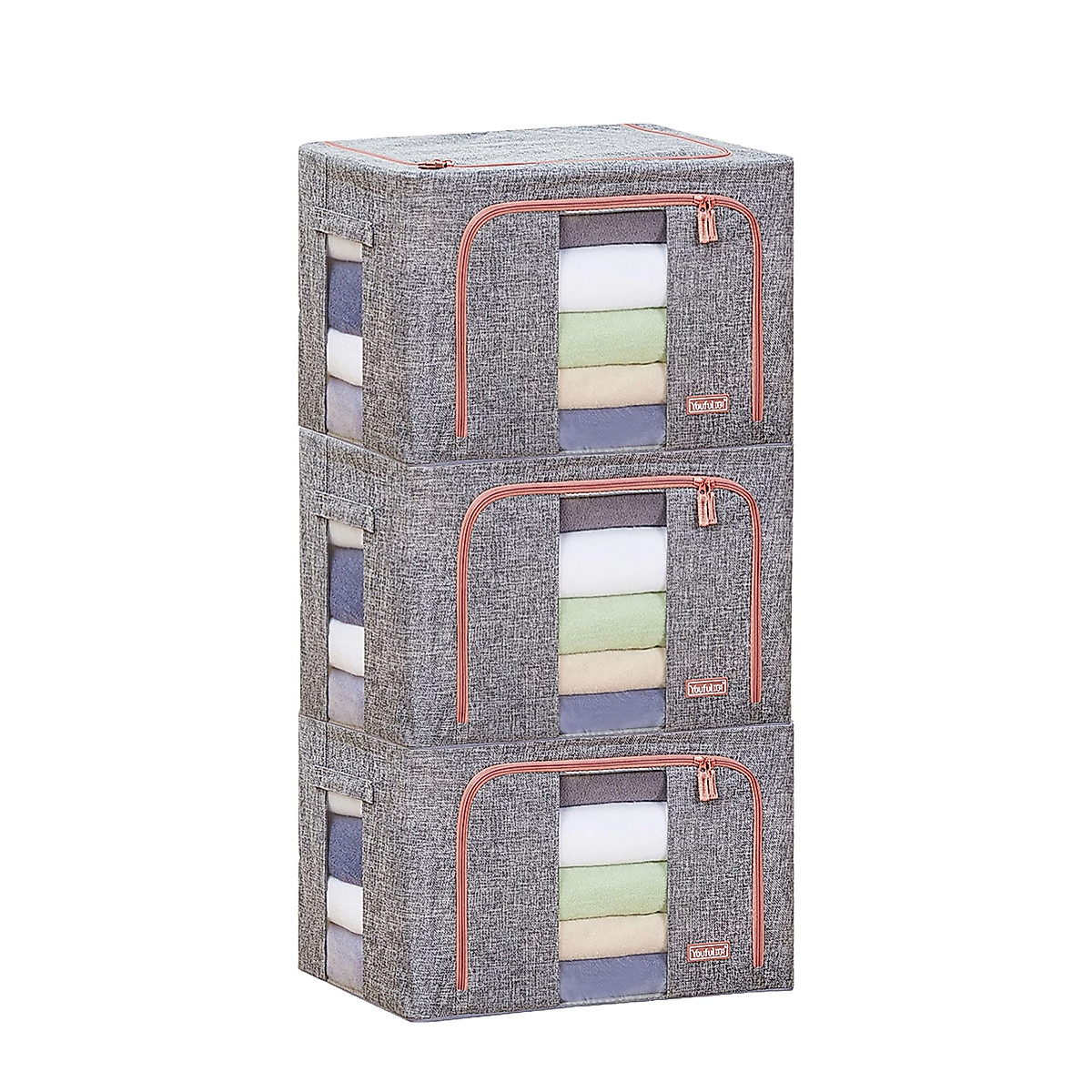 3 Pack Clothes Storage Bags - 66L Foldable Stainless steel Frame Storage Box - Stackable Linen Fabric Container Organizer Set with Carrying Handles and Clear Window With sturdy zipper ( 19.7x15.7x13inch）