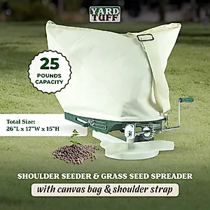 Yard Tuff Outdoor Lawn Garden 25 Pounds Shoulder Seeder and Grass Seed Spreader with Canvas Bag and Shoulder Strap, Green/White