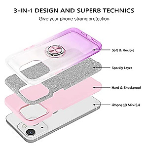 GUAGUA Compatible with iPhone 13 Mini Case 5.4 Inch Glitter Sparkle Bling Cute Cover for Girls Women with Pink Ring Holder Kickstand Shockproof Protective Case for iPhone 13 Mini Gradient Purple