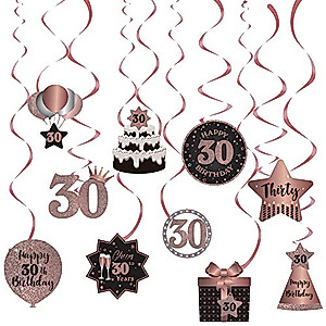 Happy 30th Birthday Party Hanging Swirls Streams Ceiling Decorations, Celebration 30 Foil Hanging Swirls with Cutouts for 30 Years Rose Gold Birthday Party Decorations Supplies