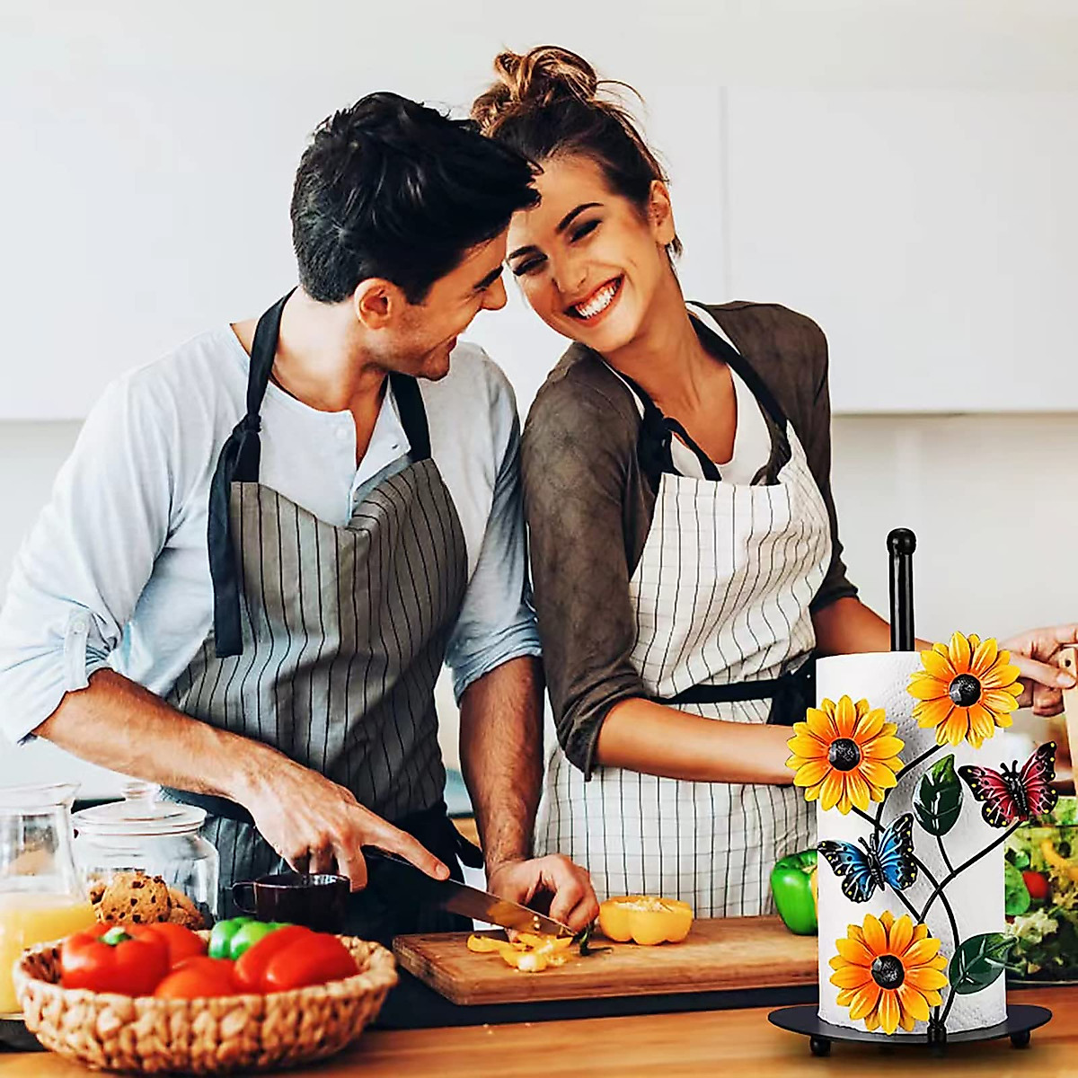 Sunflower Kitchen Paper Towel Holder with Sunflower and Butterfly, Black Metal Farmhouse Countertop Yellow Kitchen Decor Accessories