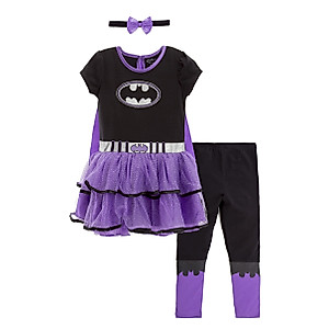 WARNER BROS DC Comics Justice League Batgirl Newborn Baby Girls Tulle Costume Dress Leggings Cape and Headband 4 Piece Set 0-6 Months