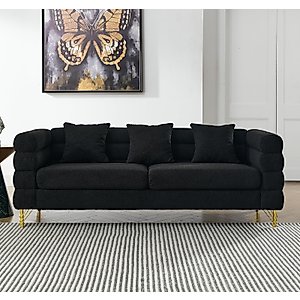 Comfy 3 Seater Sofa, 81-inch Oversized Boucle Couch with Deep Seat Design, Upholstered Sofa Couch with 2 Pillows, Modern Living Room Sofa with Stylish Metal Legs for Office, Waiting Room, Black Teddy