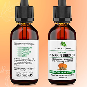 Jeune Naturelle Pumpkin Seed Oil Organic, 100% Pure RAW Cold Pressed Undiluted For Anti Aging Wrinkle Repair Hair Growth, Fast Absorbing, Travel Size, Non-Comedogenic Organic Pumpkin Seed Oil