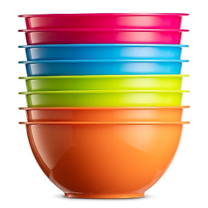 PLASKIDY Cereal Bowls, Includes 8 Plastic Bowls, 22 OZ, Microwave/Dishwasher Safe, BPA Free, 4 Bright Colors, Great for Cereal Bowls, Soup Bowls, Kids Bowls.
