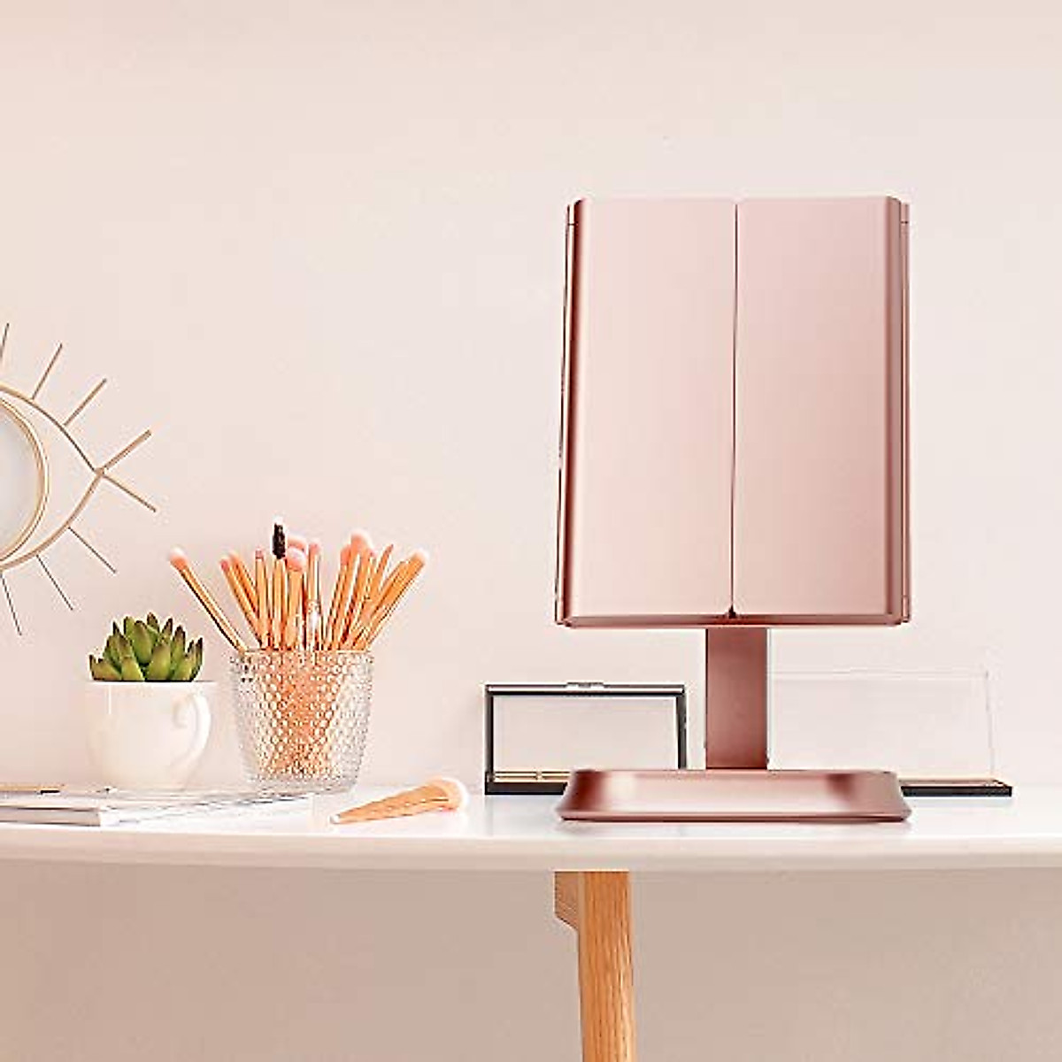 Fancii Makeup Mirror with Natural LED Lights, Lighted Trifold Vanity Mirror with 5X & 7X Magnifications - 40 Dimmable Lights, Touch Screen, Cosmetic Stand - Sora (Rose Gold)