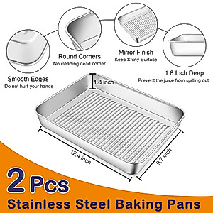 P&P CHEF 12.4 Inch Deep Rectangular Cake Pan, Stainless Steel Baking Pan Lasagna Pan for Toaster Oven, For Bake Cookie Cake Meat, Corrugated Bottom & Heavy Duty, Non-Toxic & Dishwasher Safe, 2Pcs