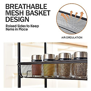 KINGRACK 4-Tier Slim Rolling Cart,Metal Utility Cart,Slide Out Storage Cart with Wooden Tabletop and Mesh Baskets for Narrow Space on Kitchen Bathroom Laundry Room Bedroom Apartments Dormitory, Black