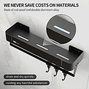 RCHYFEED 15.6”Shower Caddy with Towel Bar, Shower Organizer Adhesive,Metal Rustproof Bathroom Shower Shelf Rack with Hook, Drilling-Free Self Adhesive Storage Shelf for Bathroom & Kitchen(Black)