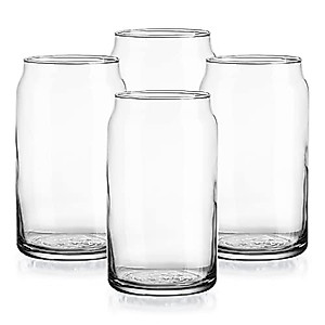 Glaver's Drinking Glasses 4pc Can Shaped Glass Cup Set, 16oz Beer Can Glass Coffee Cups, Cocktail Glasses, Water, Soda, Smoothie, Juice, Can Glasses. Dishwasher Safe