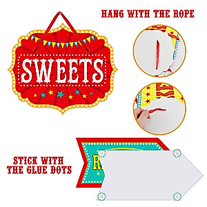 KATUMO Carnival Decorations, 11 Pcs Large Circus Carnival Signs Circus Theme Party Signs Carnival Party Supply Decor Paper Cutouts with Glue Point Dots and 2 Ropes