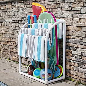 Essentially Yours 5 Bar Curved Towel Rack - Free Standing Poolside Storage Organizer - Also Stores Floats, Paddles and Noodles, 37.5" W x 23" L x 49.5 H, (White) Style 681577