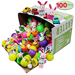 JOYIN 100 Pcs Prefilled Easter Eggs with Toys Plus Stickers, Filled Easter Eggs with Toys Party Favors for Kids Boys Girls Easter Eggs Hunt, Easter Basket Stuffers Fillers,Classroom Prize Supplies