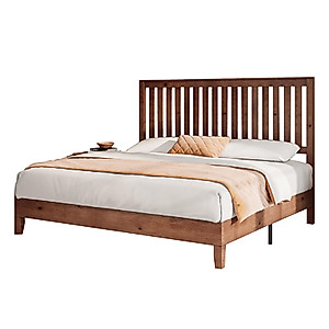 LUXOAK King Size Solid Wood Platform Bed Frame with Headboard, Mid Century Wood Bed with Solid Wood Foundation, Slat Support/No Box Spring Needed/Easy Assembly, Walnut