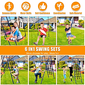 Legooin Swing Sets for Backyard, 550lbs-6 in 1 Heavy Duty Metal Swing Set with 3 Swings Climbing Net Ladder and Basketball Hoop, Waterproof Kids Swing Sets for Backyard for Indoor Outdoor Playground