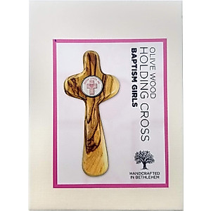 Logos Trading Post Girls Baptism Cross, Holy Land Olive Wood Deluxe Holding Cross from Israel, Wooden Baptismal Ceremony Keepsake Gift in Hard Shell Gift Box with Certificate of Authenticity