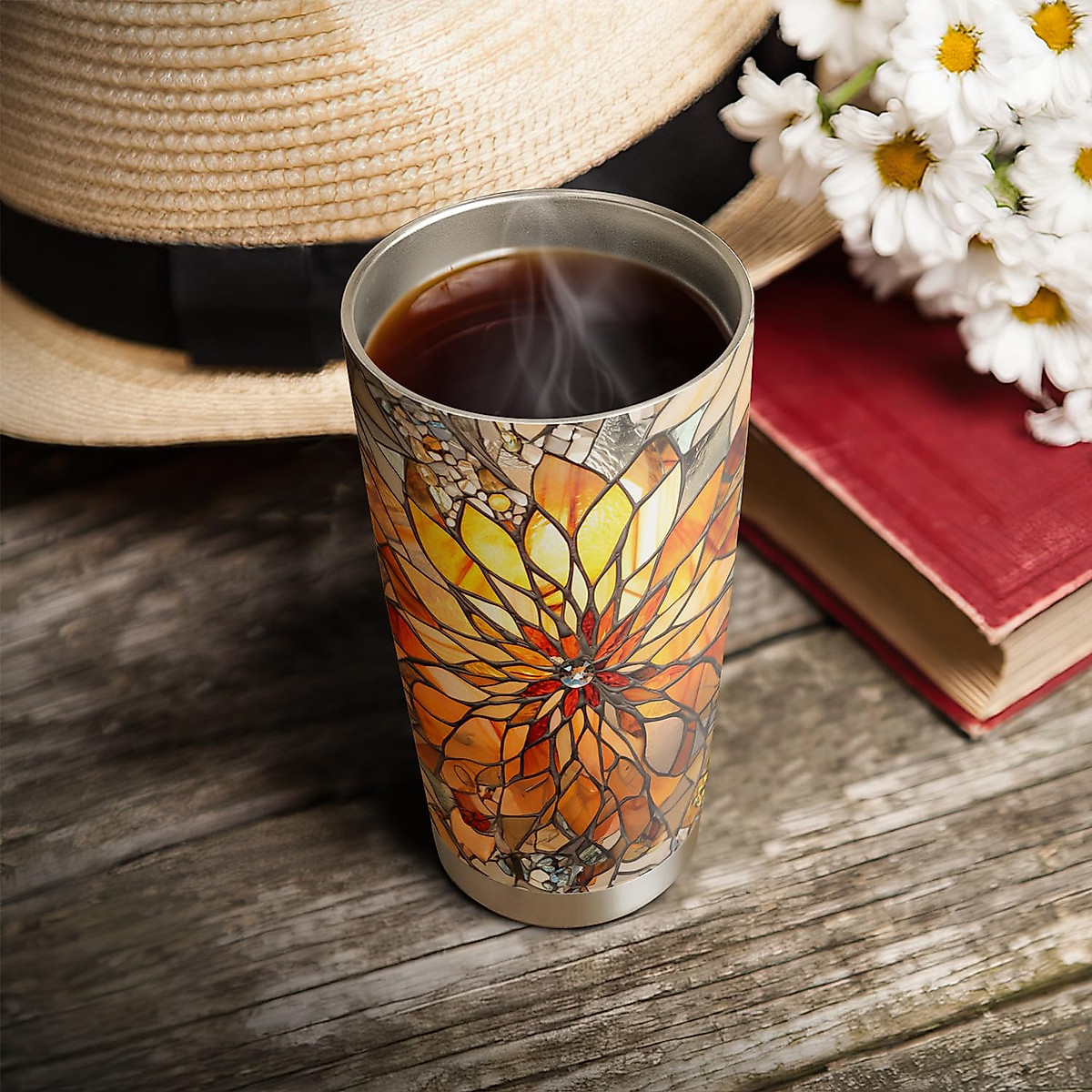 ORCAE 20oz Beautiful Colorful Daisy Flower, Stained Glass Style Flowers, Yellow Flower Tumbler Cup, Insulated Travel Mug with Lid, Coffee Thermos for Men, Women, Gifts for Women - A