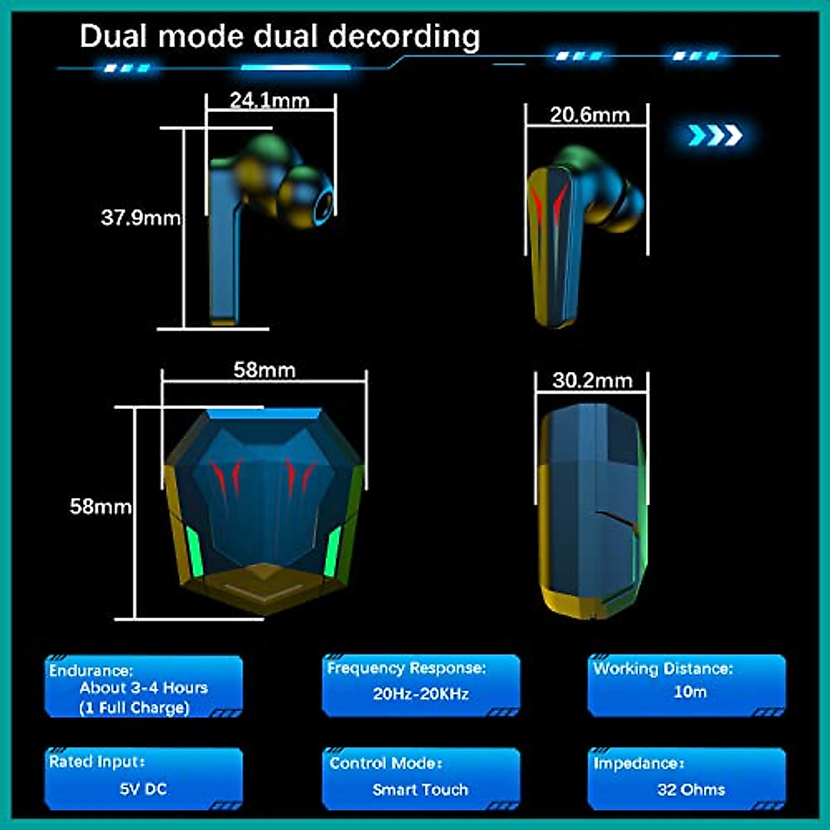 TWS Wireless Earbuds in-Ear Headphones Music Earphones Stereo Sound Bluetooth 5.3 Headset with Mic Game & Music Mode Waterproof IPX7 Fast Charging