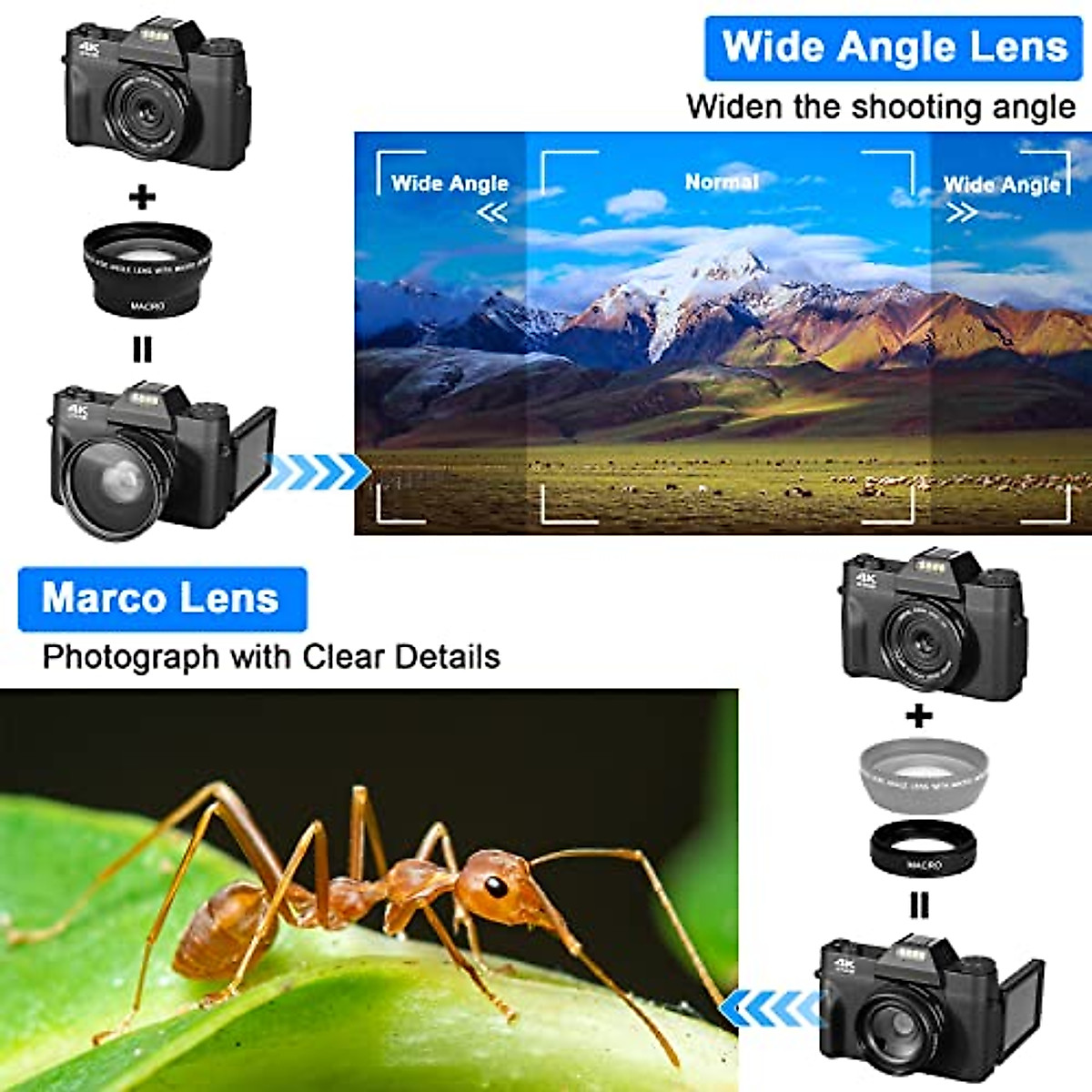 Vlogging Camera, Acoletty 4K 48MP Digital Cameras for Photography, 16X Digital Zoom, 52mm Wide Angle Lens, Macro Lens, 2 Batteries & Charging Stand, 32GB TF Card, 3.0" IPS 30FPS 180°Flip Screen Black