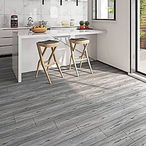 FunStick 6"x36" 30 Sheets Peel and Stick Floor Tile Waterproof Grey Wood Look Vinyl Flooring Planks Peel and Stick Wood Planks for Walls Sticky Tiles for Floor Bathroom Kitchen RV Laminate Flooring