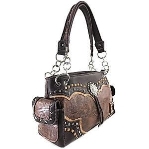 Justin West Embroidery Floral Glittering Bling Rhinestone Buckle Shoulder Concealed Carry Handbag Purse Trifold Wallet (Brown Handbag)