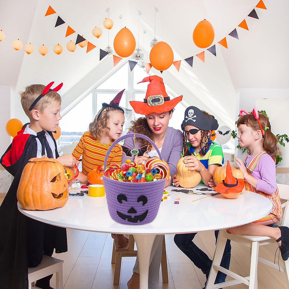 ZWHTB Halloween Basket for Kids, Trick or Treat Basket, Cute Pumpkin Candy Bucket, Boo Spooky Small Baskets, Jack O Lantern Bags for Girls/Boys Gift Baskets Empty