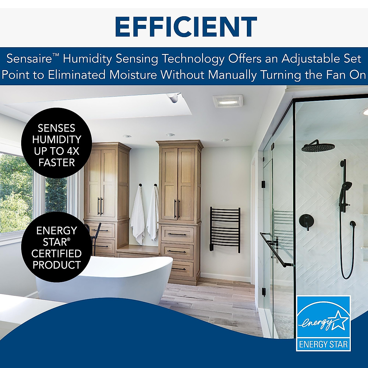 Broan-NuTone AE80SL Invent ENERGY STAR Certified Humidity Sensing Fan with LED Light, 80 CFM 0.8 Sones, White, 75 Sq Ft Rooms