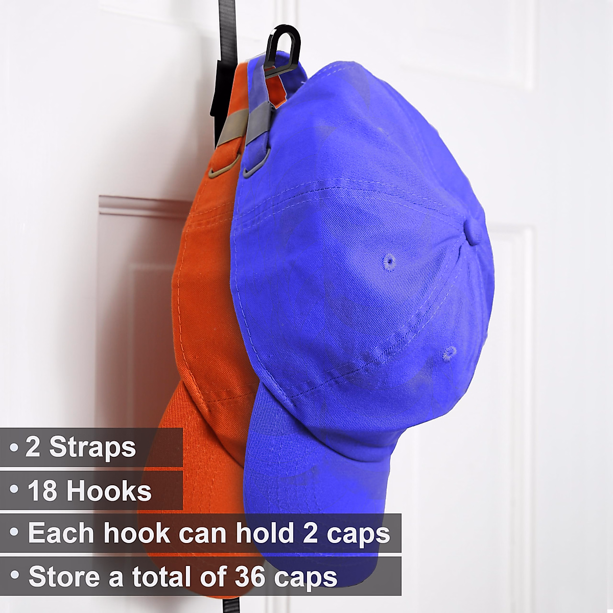 Perfect Curve CapRack18 Over-The-Door Hat Rack and Organizer |Baseball Cap Rack |Hat Rack Stand |Over The Door Hat Rack |Hat Rack For Door |Hat Rack For Closet |Two Straps |Holds Up To 18 Caps |Black