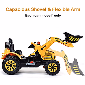 GLACER Ride on Excavator, 12V Battery Powered Digger w/ 2 Speeds, Forward & Backward, Front Loader Bucket, Horn, Safety Belt, Electric Construction Vehicles for Kids 3-8 Years Old (Yellow)