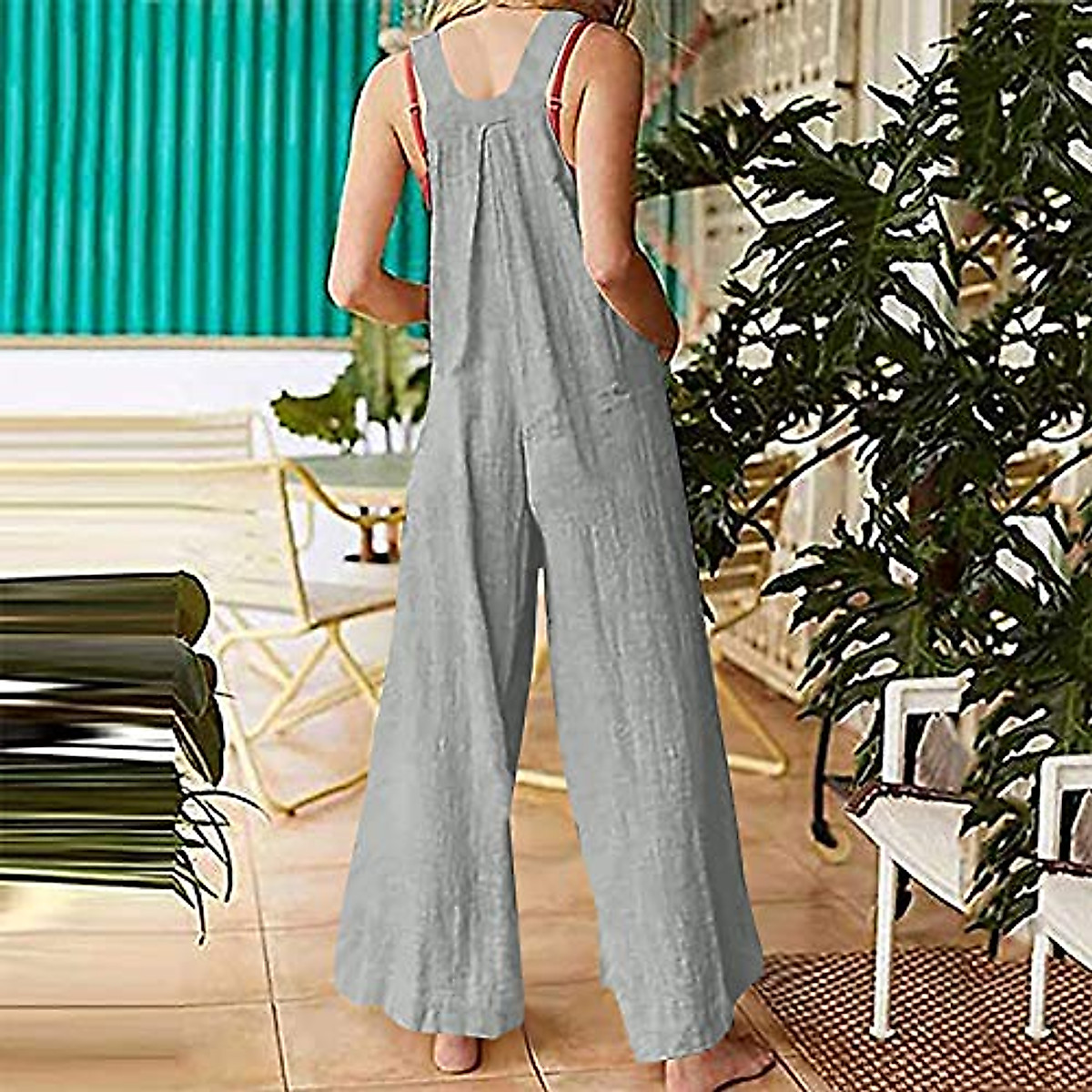 Sdeycui Womens Ethnic Style Solid Pocket Loose Romper Wide Leg Suspender Jumpsuit(Gray, M)