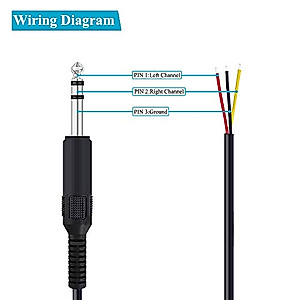 Fancasee 2 Pack 6 ft Replacement 6.35mm Male Plug to Bare Wire Open End TRS 3 Pole Stereo 1/4" 6.35mm Plug Jack Connector Audio Cable for Microphone Speaker Cable Repair